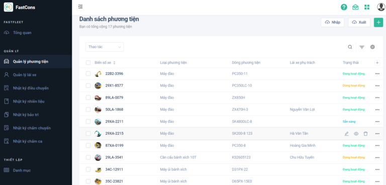 FastCons ra mắt tính năng quản lý phương tiện, máy thi công